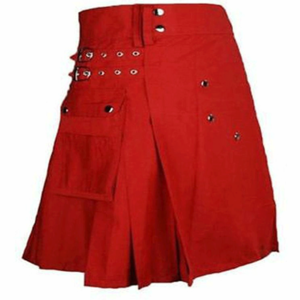 Red Leather Pleated Buckle Kilt Skirt
