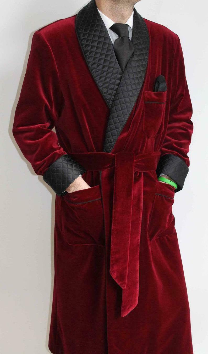 Men Long Smoking Jacket Maroon Velvet Quilted Robe Belted Dinner